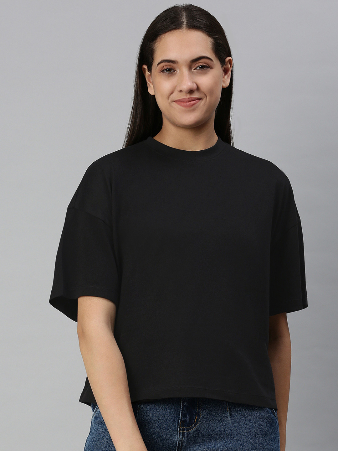 Buy Huetrap Women Black Drop Shoulder Sleeves Boxy T Shirt - Tshirts ...