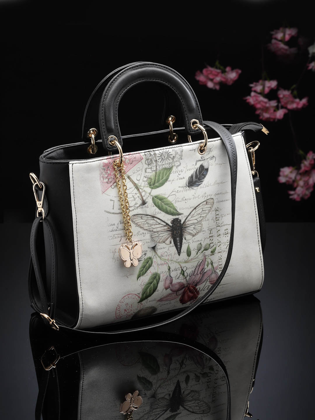 Buy Butterflies Printed Structured Handheld Bag - Handbags for Women ...