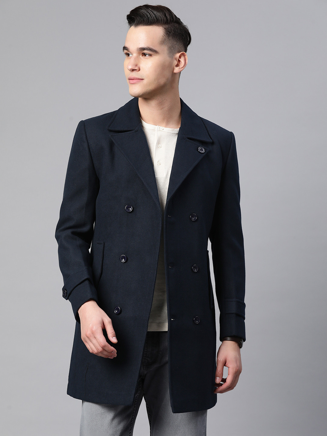 Buy Pierre Carlo Men Notched Lapel Collar Hip Length Overcoat - Coats ...