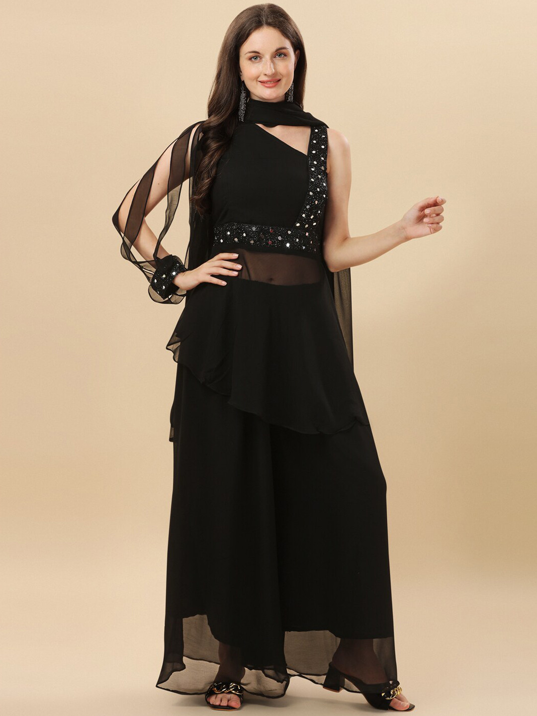 Buy Virah Fashion Mirror Work Top With Palazzos & With Dupatta - Kurta ...