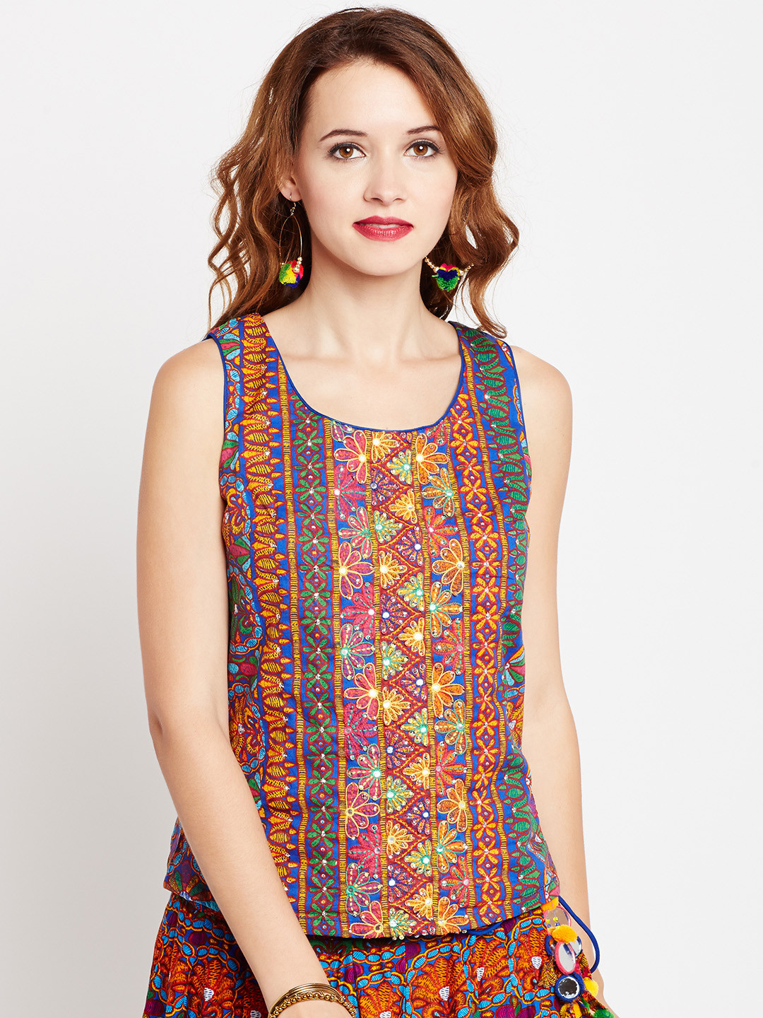 Buy Biba Women Multicoloured Printed Sleeveless Pure Cotton Top With ...