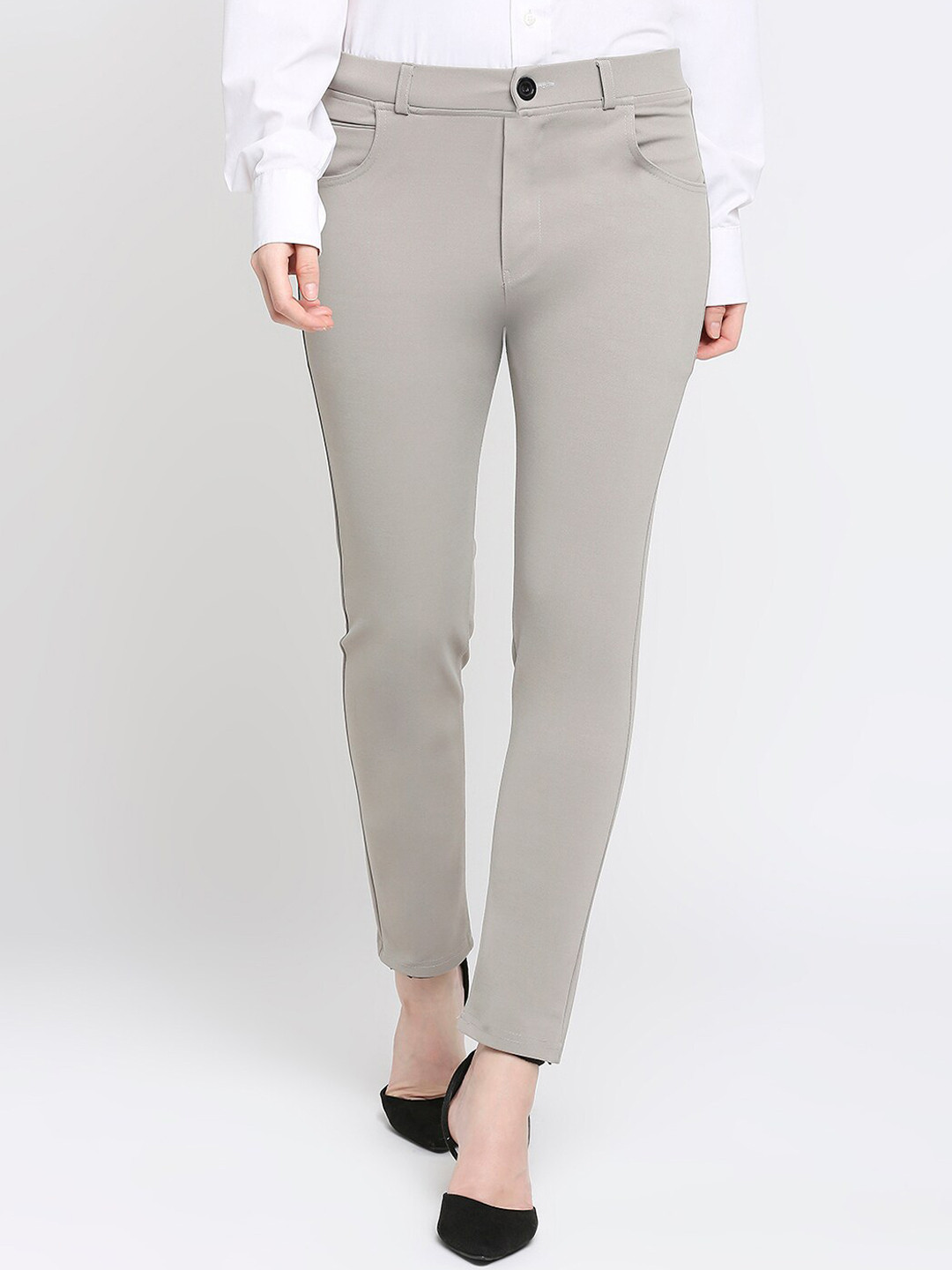 Buy Smarty Pants Women Grey Sharp Slim Fit High Rise Lint Free Trousers ...