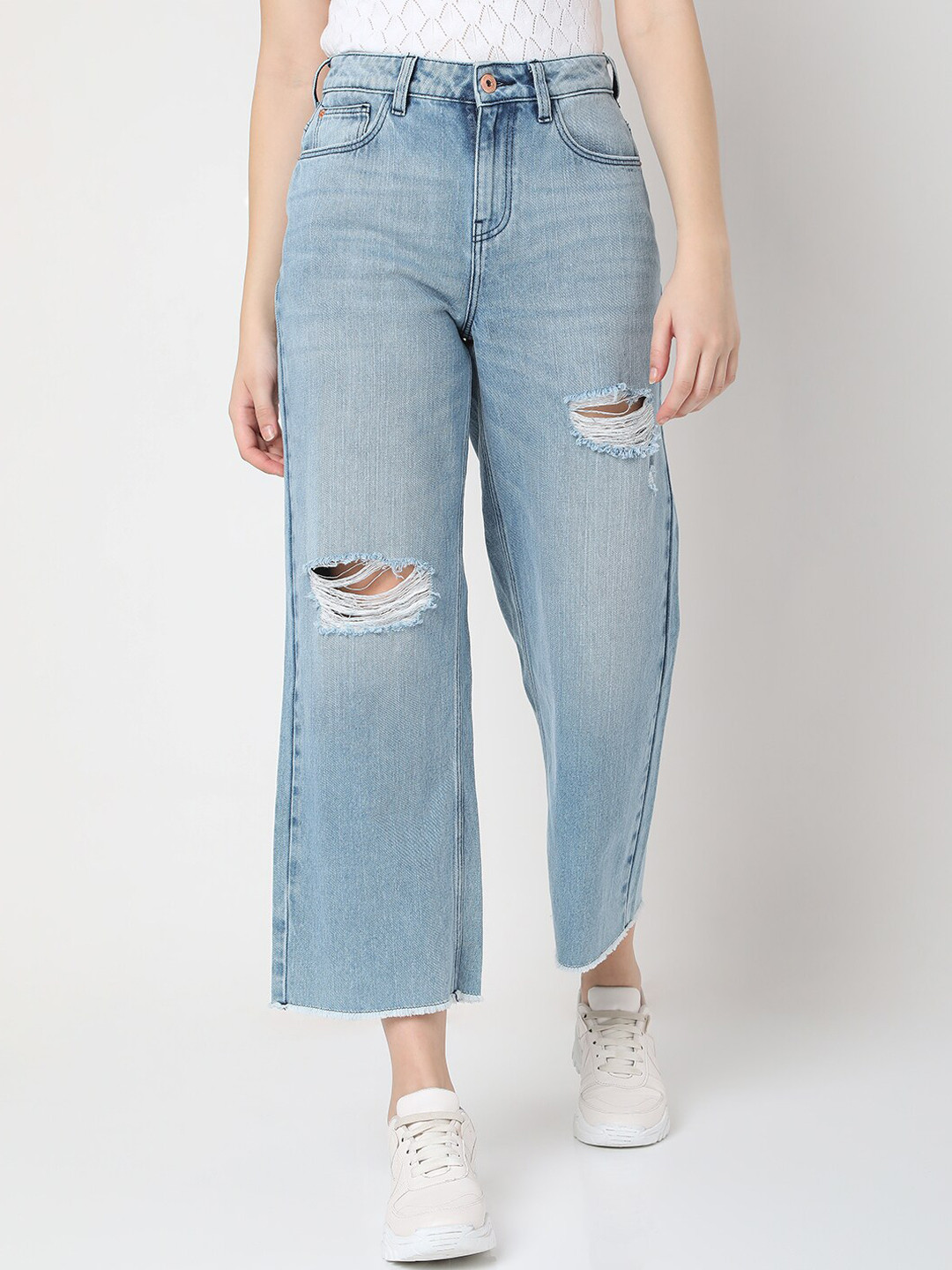 Buy Vero Moda Women Wide Leg High Rise Highly Distressed Heavy Fade ...
