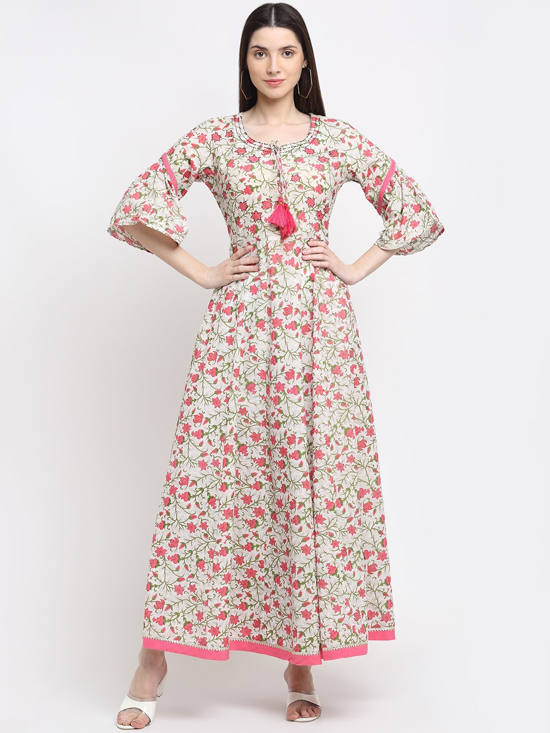Buy Kalini Tie Up Neck Floral Printed Bell Sleeves Thread Work Anarkali