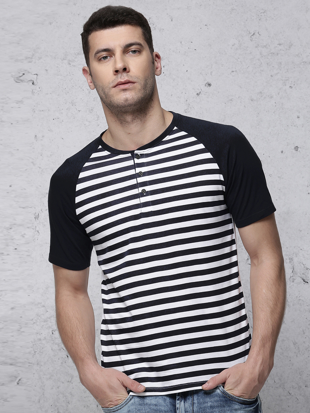 Buy Ecko Unltd Men White Striped Henley Neck Pure Cotton T Shirt ...