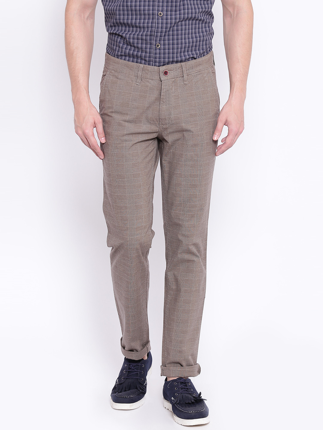 Buy CODE By Lifestyle Men Brown Slim Fit Checked Casual Trousers ...
