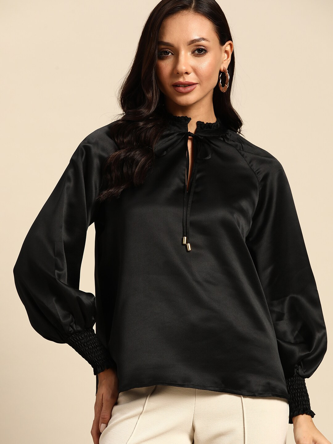 Buy All About You Tie Up Neck Puff Sleeve Sheen Top - Tops for Women ...