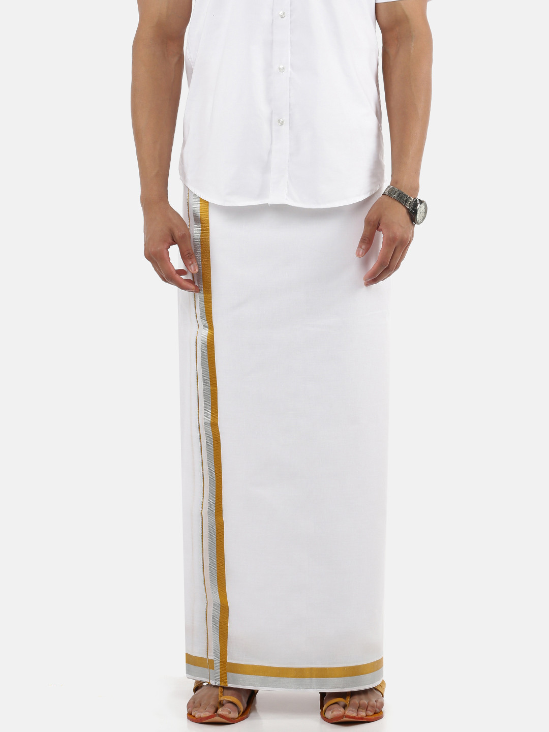 Buy Ramraj Men Solid Gold Jari Border Double Layer Cotton Dhoti ...