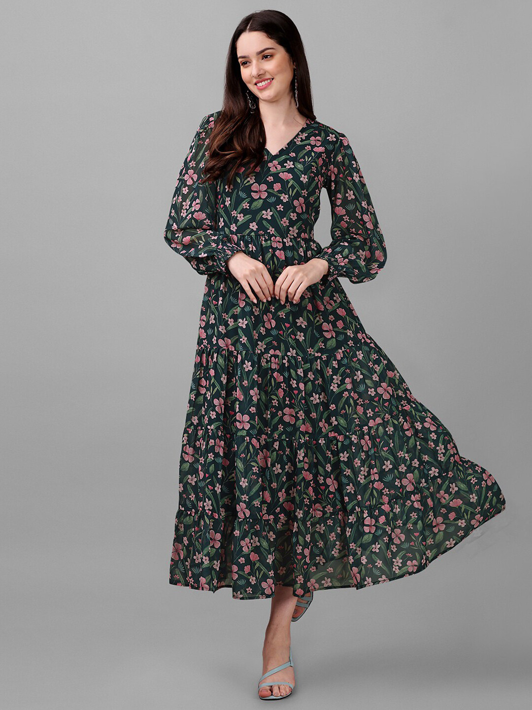 Buy Masakali.Co Floral Printed V Neck Fit And Flare Maxi Dress ...