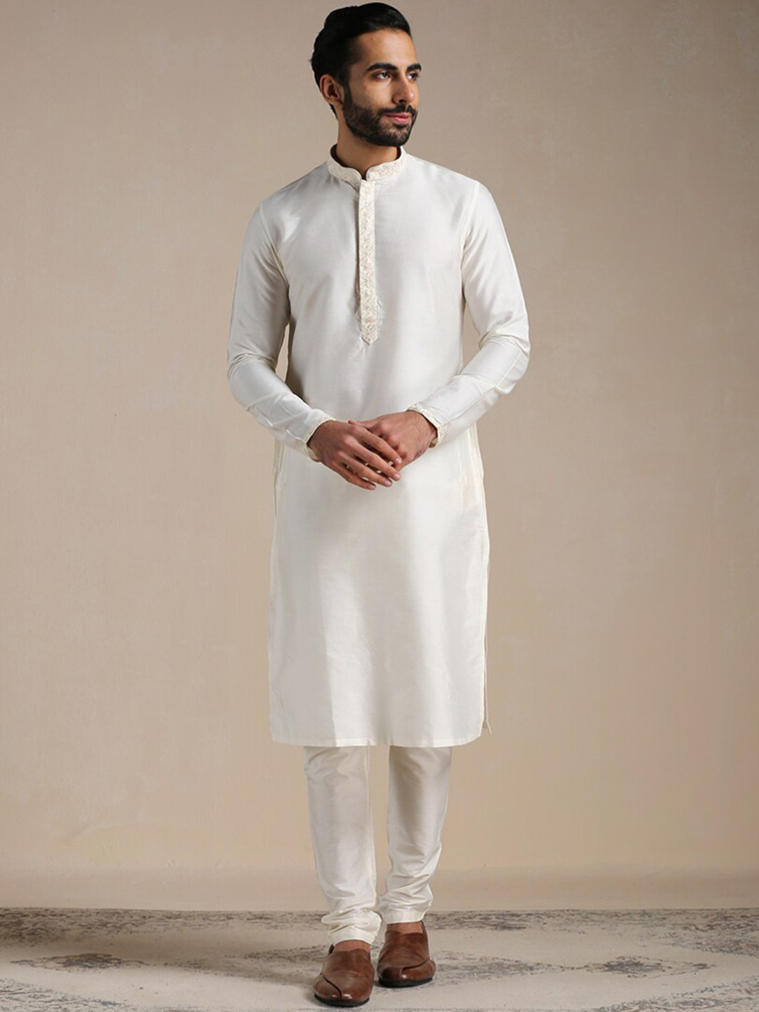 Buy Manyavar Men Cream Coloured Kurta With Churidar - Kurta Sets for ...