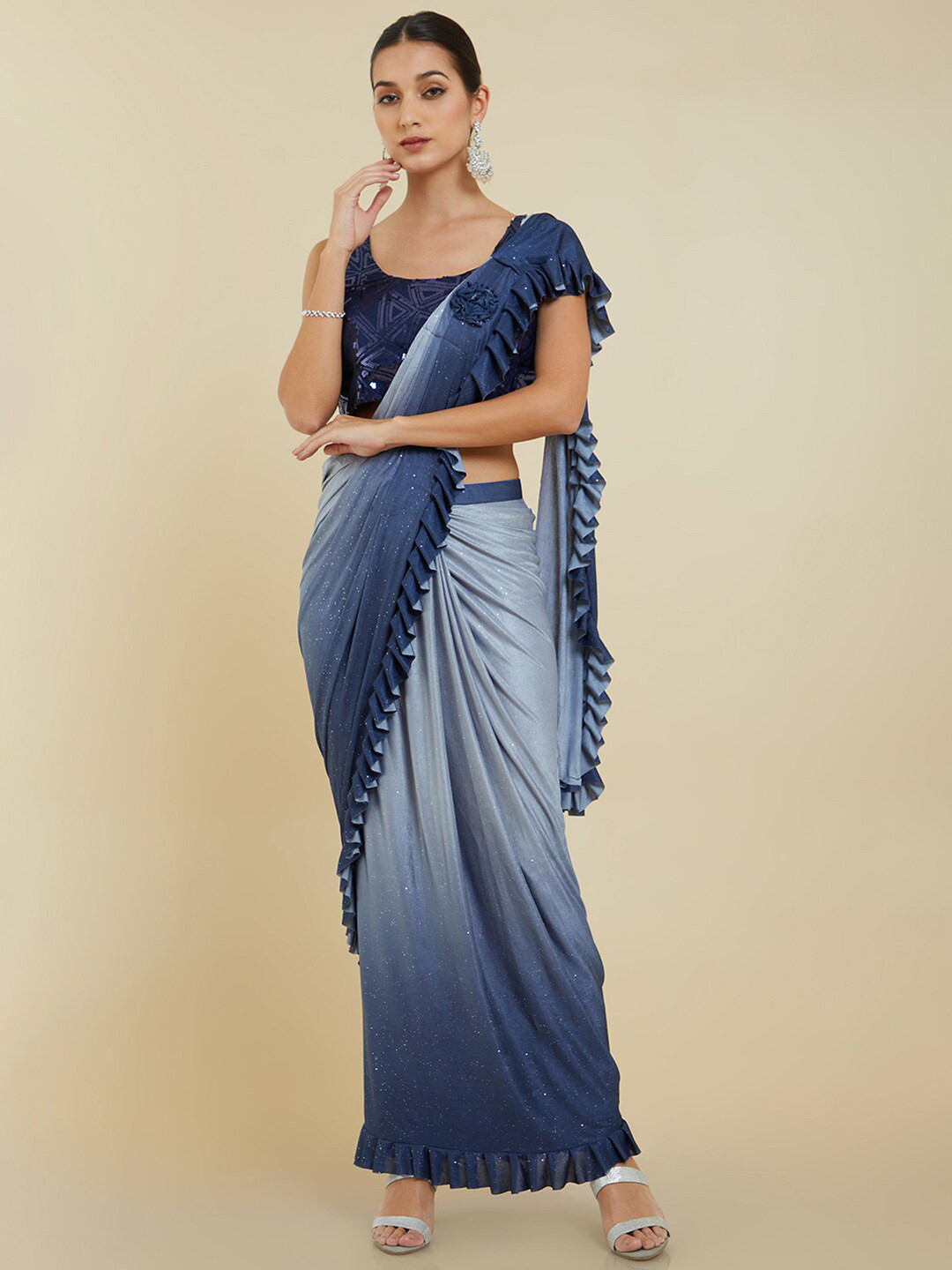 Buy Soch Blue Sequinned Poly Crepe Ready To Wear Saree - Sarees for ...