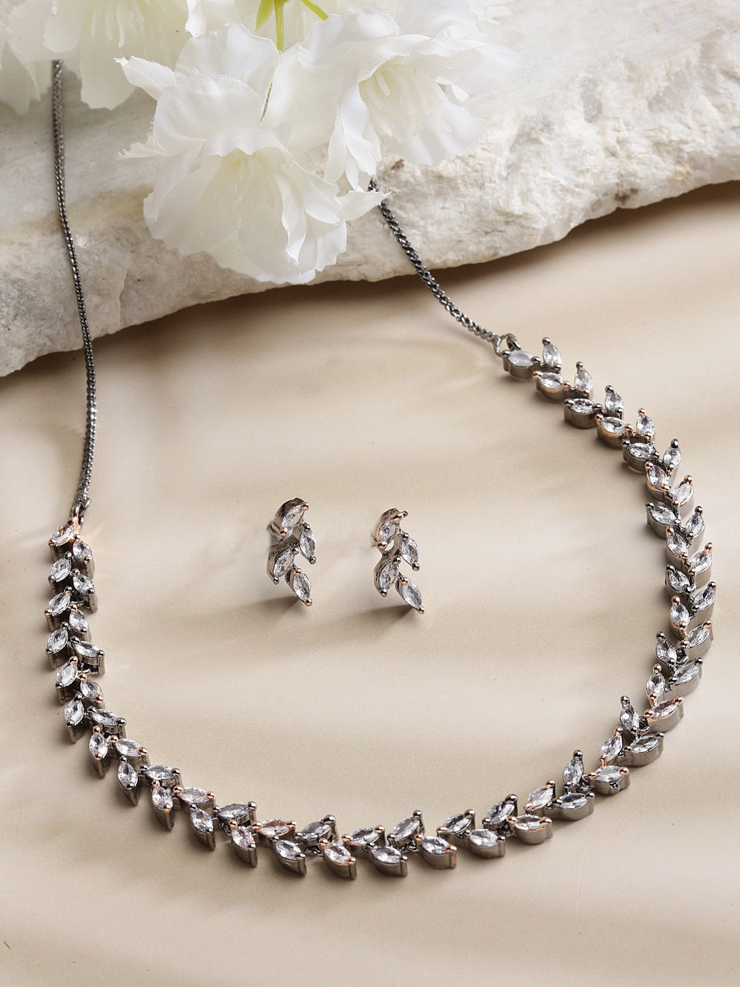 Buy ZENEME Rose Gold Plated Dual Tone & AD Stone Studded Leaf Shaped ...