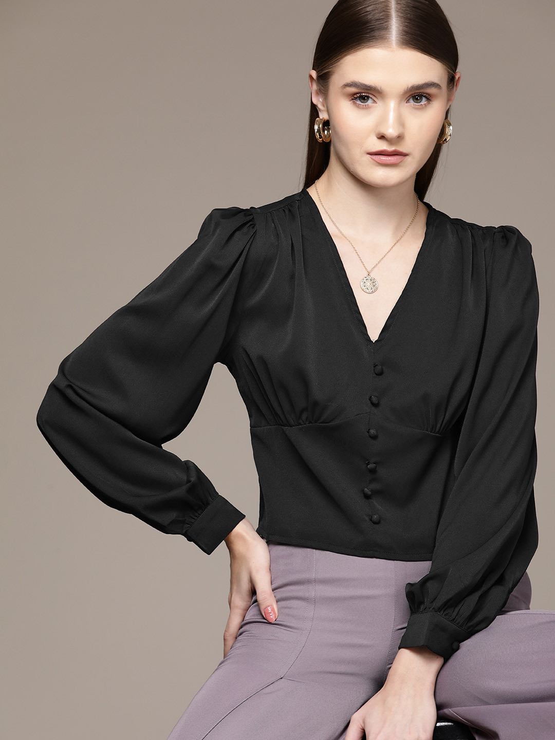 Buy Bebe Women Black Brighter Basics Pleated Detail Puff Sleeves Fitted ...