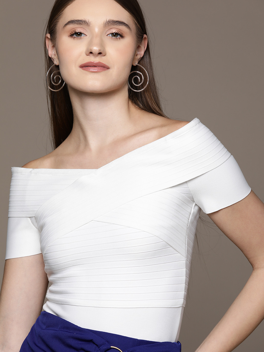 Buy Bebe Women White All Day Striped Detail Off Shoulder Fitted Top ...