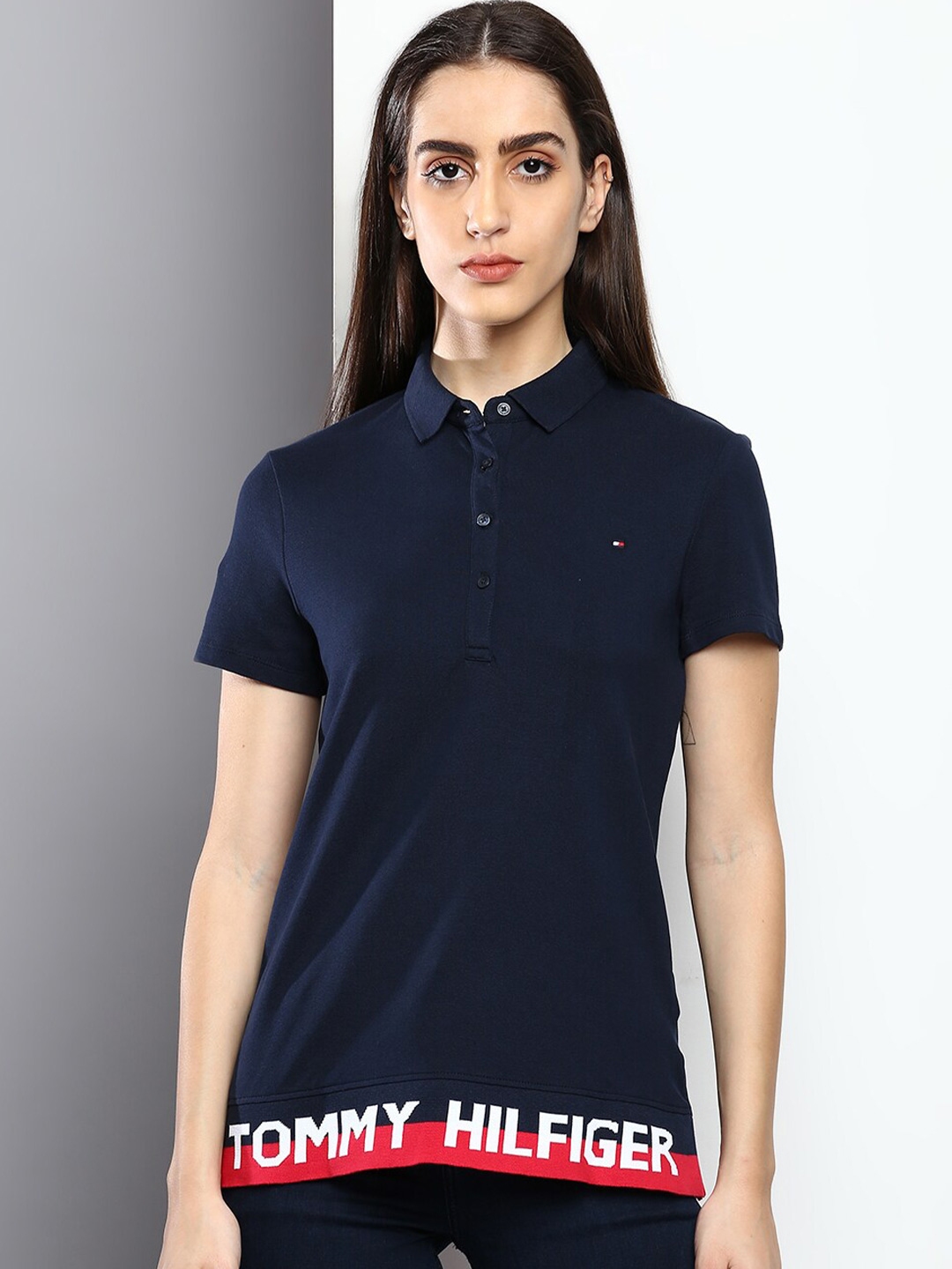 Buy Tommy Hilfiger Women Navy Blue And White Typography Printed Polo