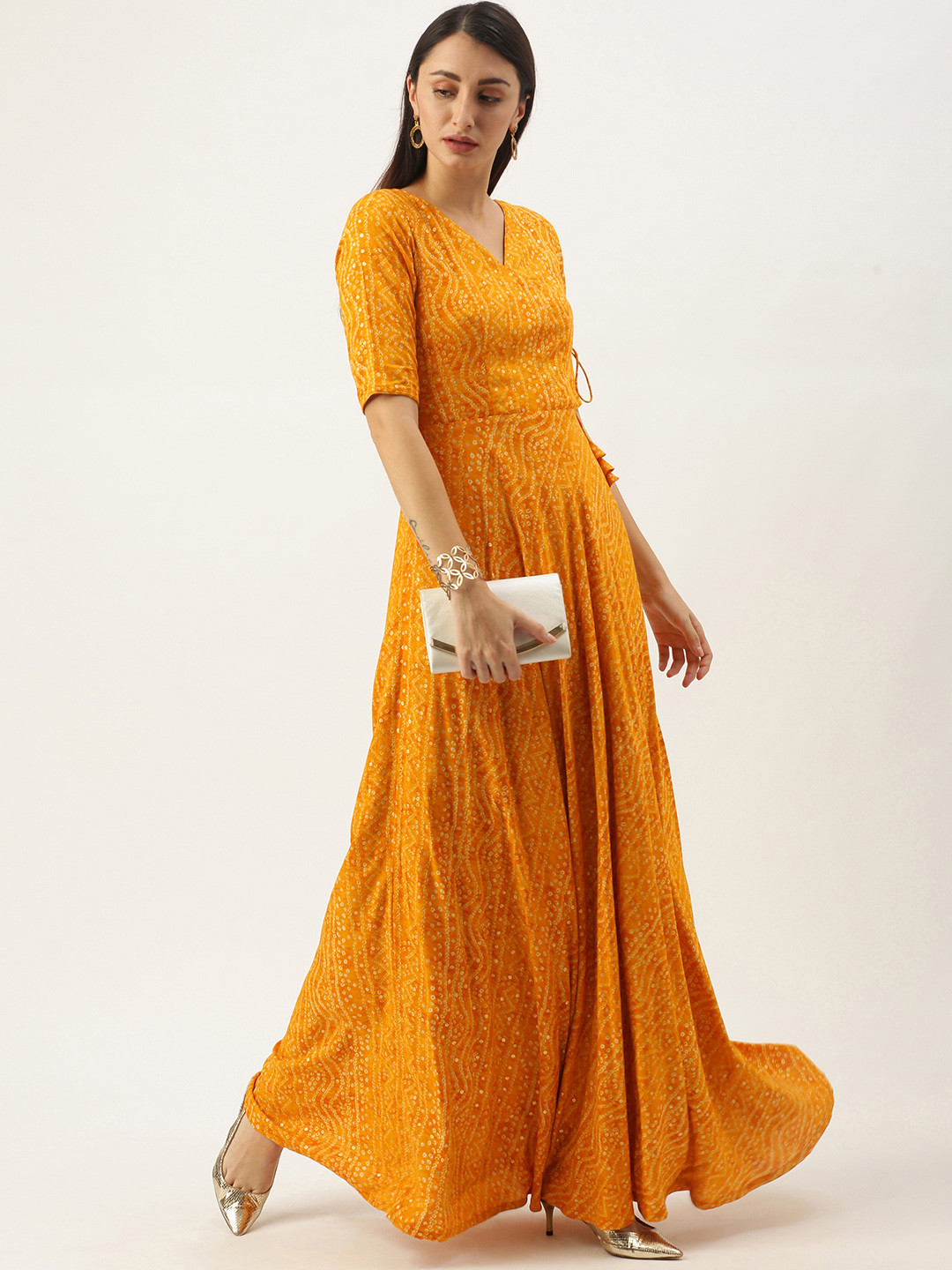 Buy Ethnovog Ready To Wear Yellow Printed Angarkha Gown - Dresses for ...