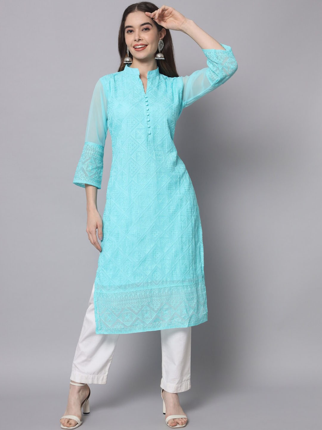 Buy Hereandnow Women Blue Ethnic Motifs Embroidered Thread Work Georgette