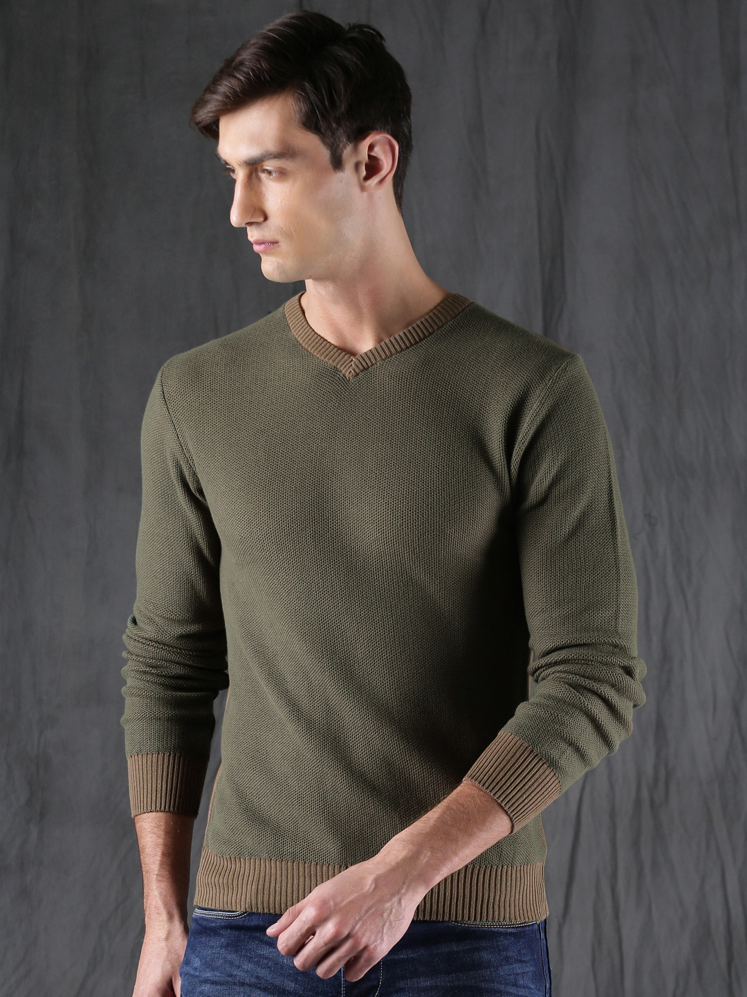 Buy WROGN Men Olive Green Self Design Pullover - Sweaters for Men ...