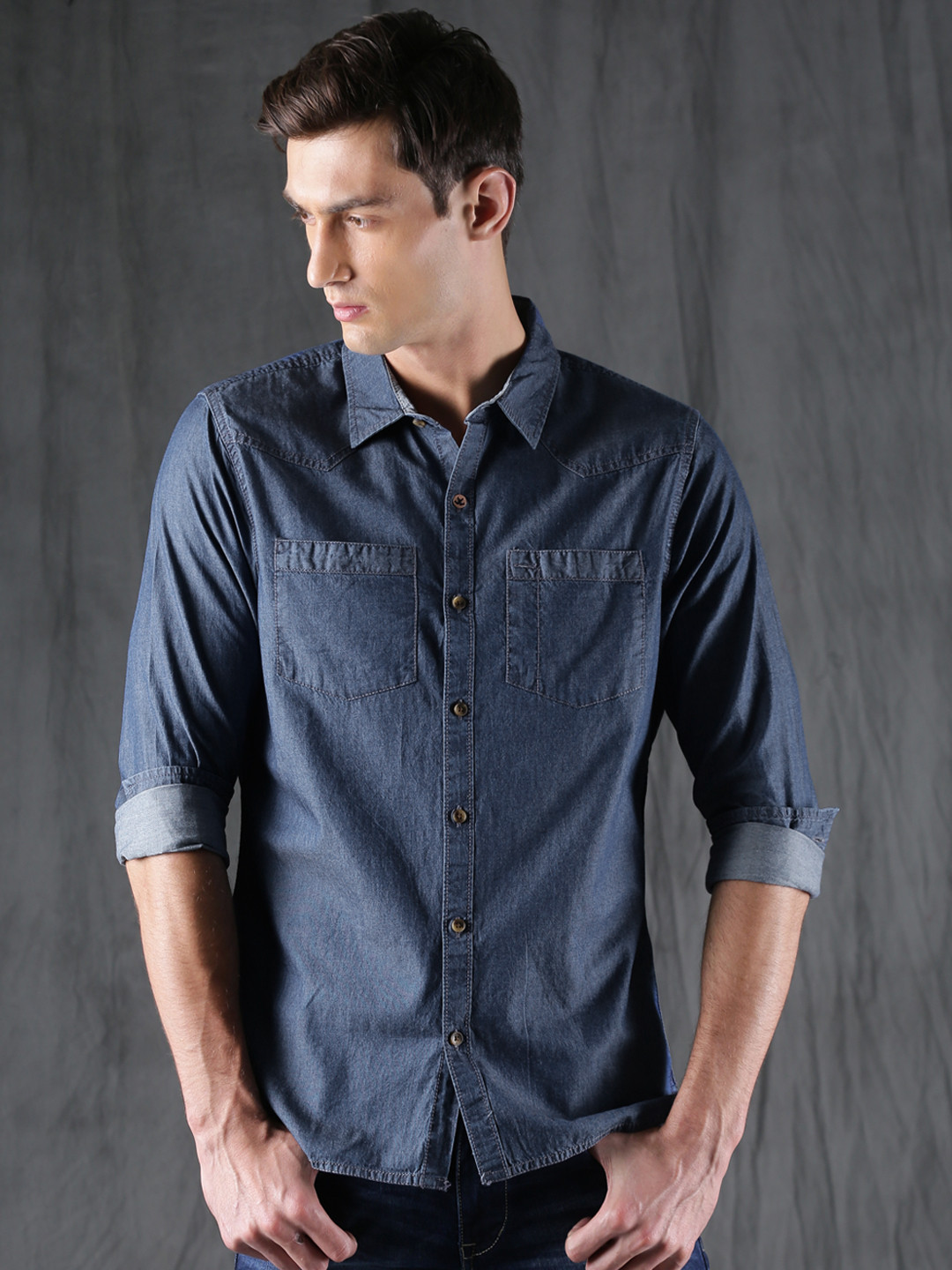 Buy WROGN Men Blue Slim Fit Solid Casual Shirt - Shirts for Men 2118082 ...