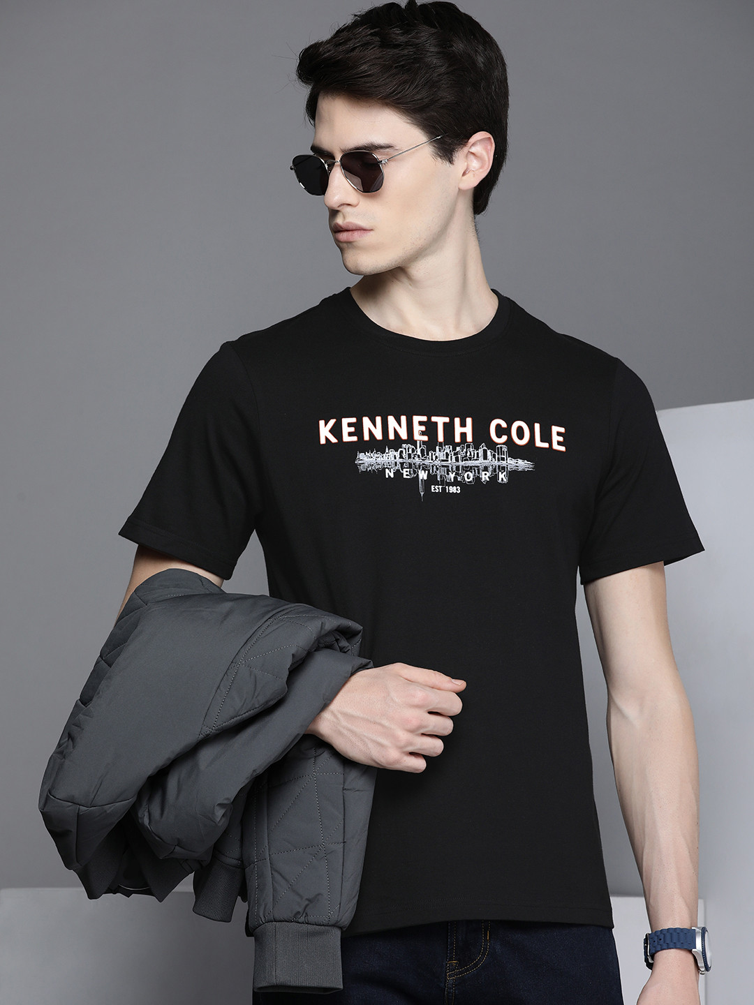 Buy Kenneth Cole Citysphere Tee Men Black Pure Cotton Brand Logo ...