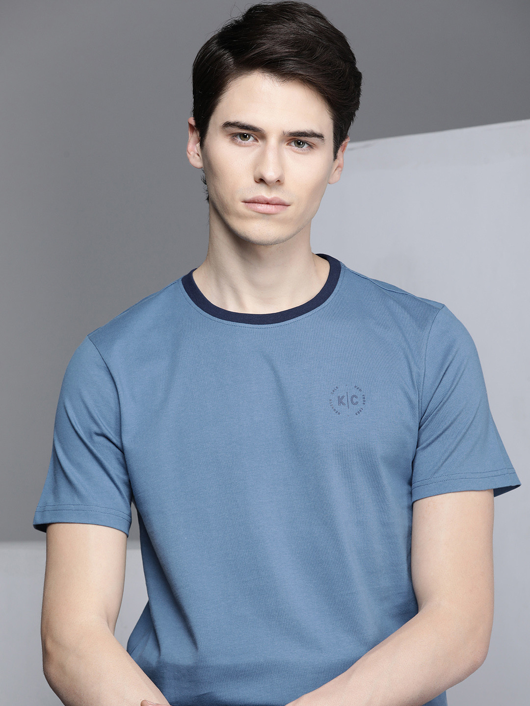 Buy Kenneth Cole Signature Tee Men Blue Pure Cotton Round Neck Short ...