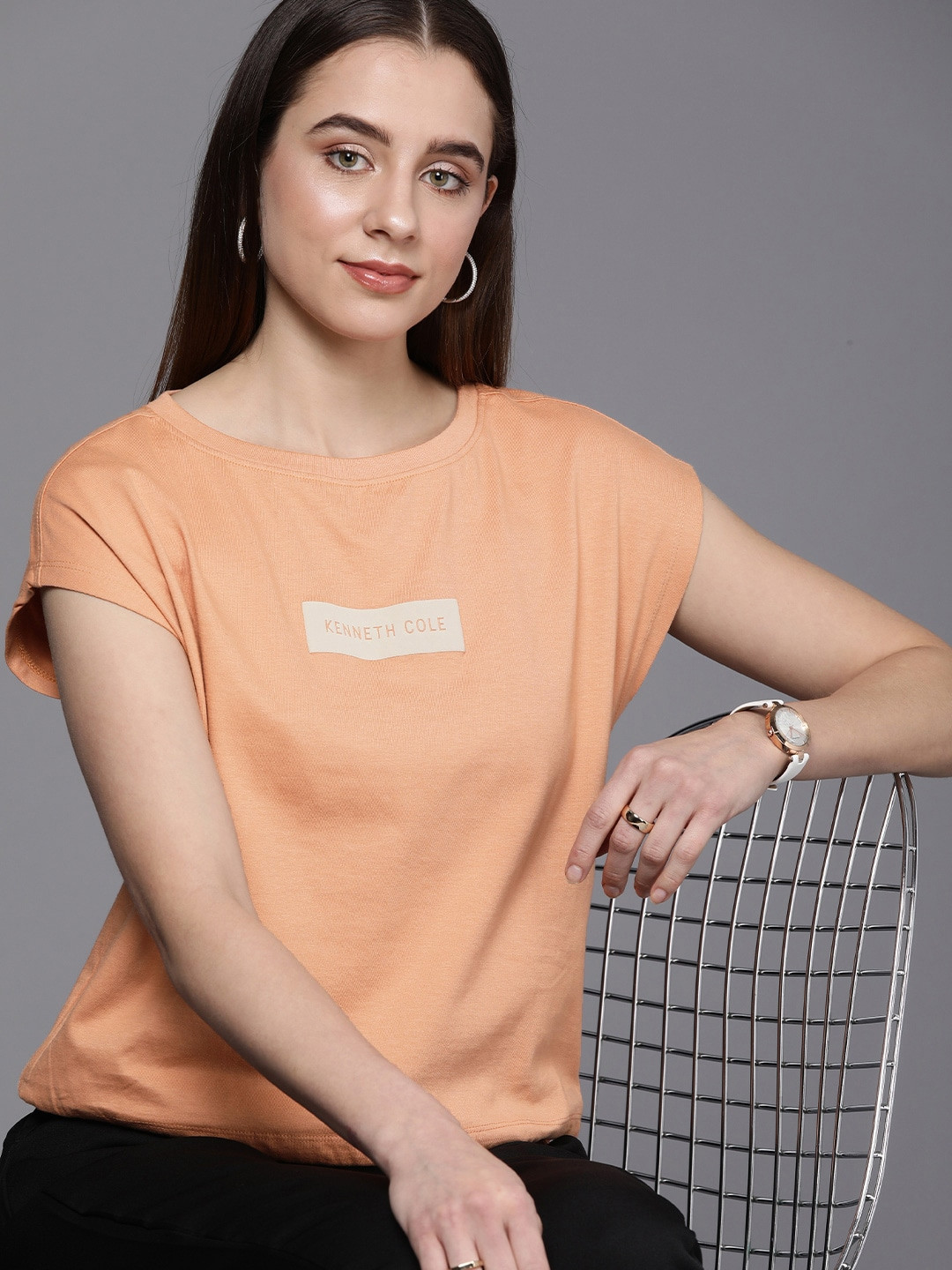 Buy Kenneth Cole Signature Tee Women Peach Brand Logo Extended Sleeves ...