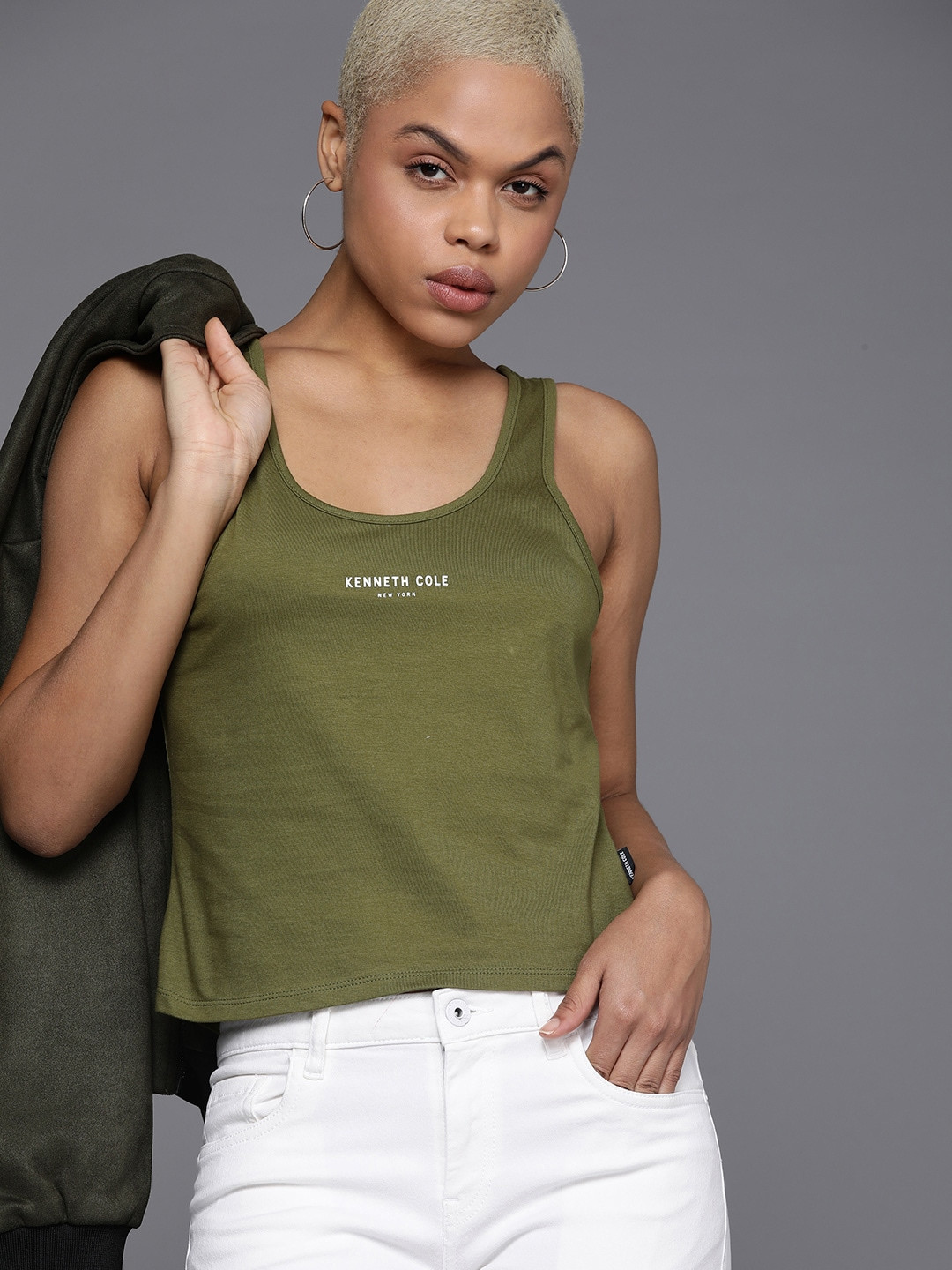 Buy Kenneth Cole Pure Cotton Cream Coloured Solid Tank Top With Brand ...