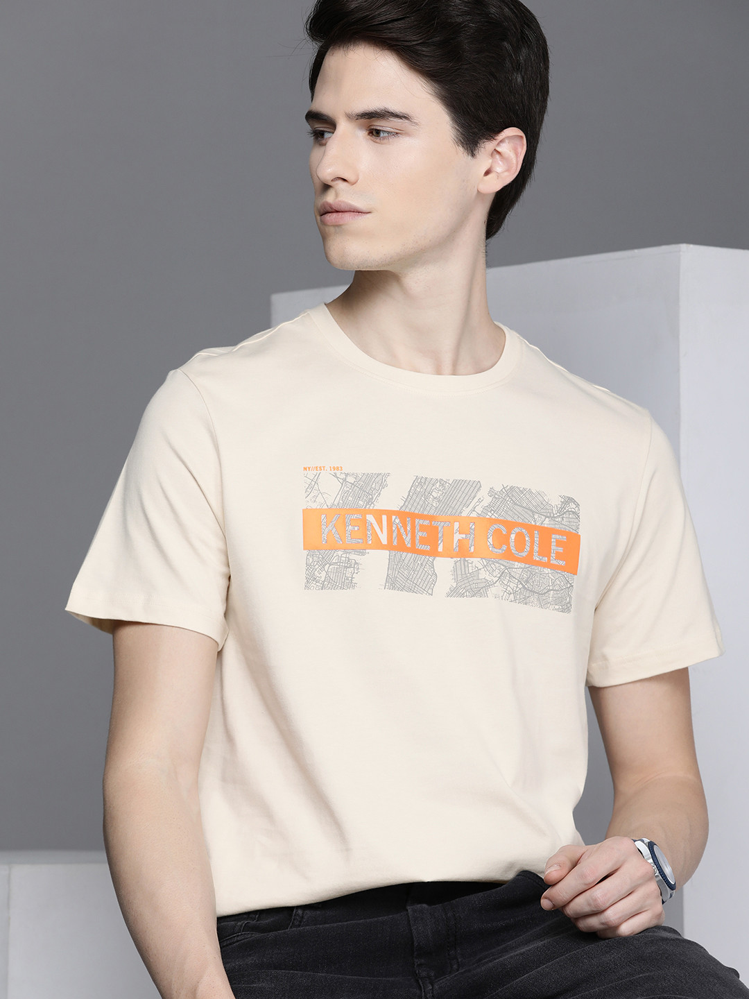 Buy Kenneth Cole Kernel Tee Men Whitecap Grey Typography Printed Pure ...