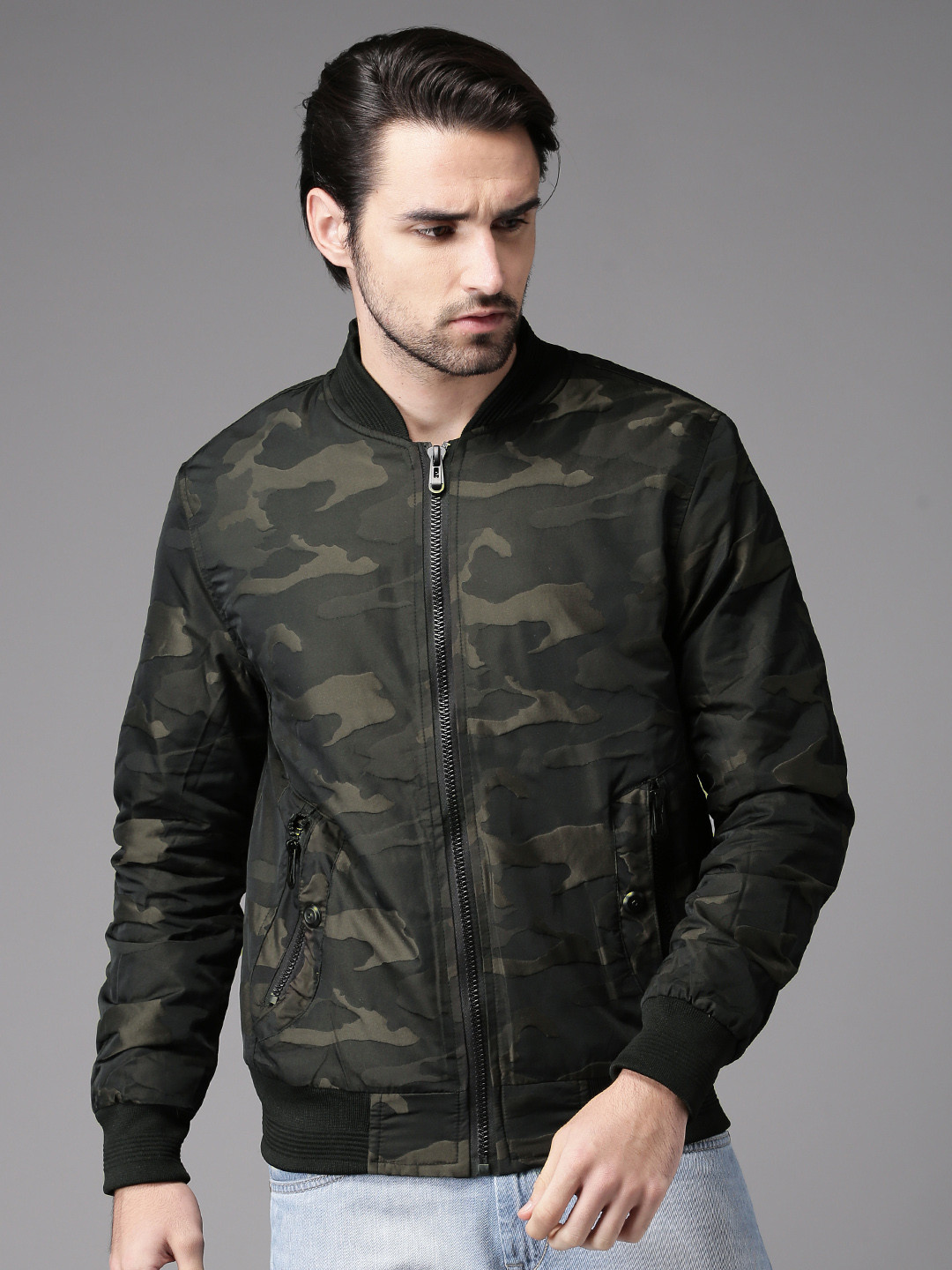 Buy HERE&NOW Men Black & Olive Green Self Design Bomber - Jackets for ...