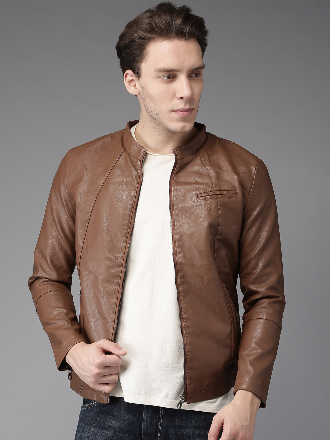 Buy Moda Rapido Men Tan Brown Solid Biker Jacket - Jackets for Men ...