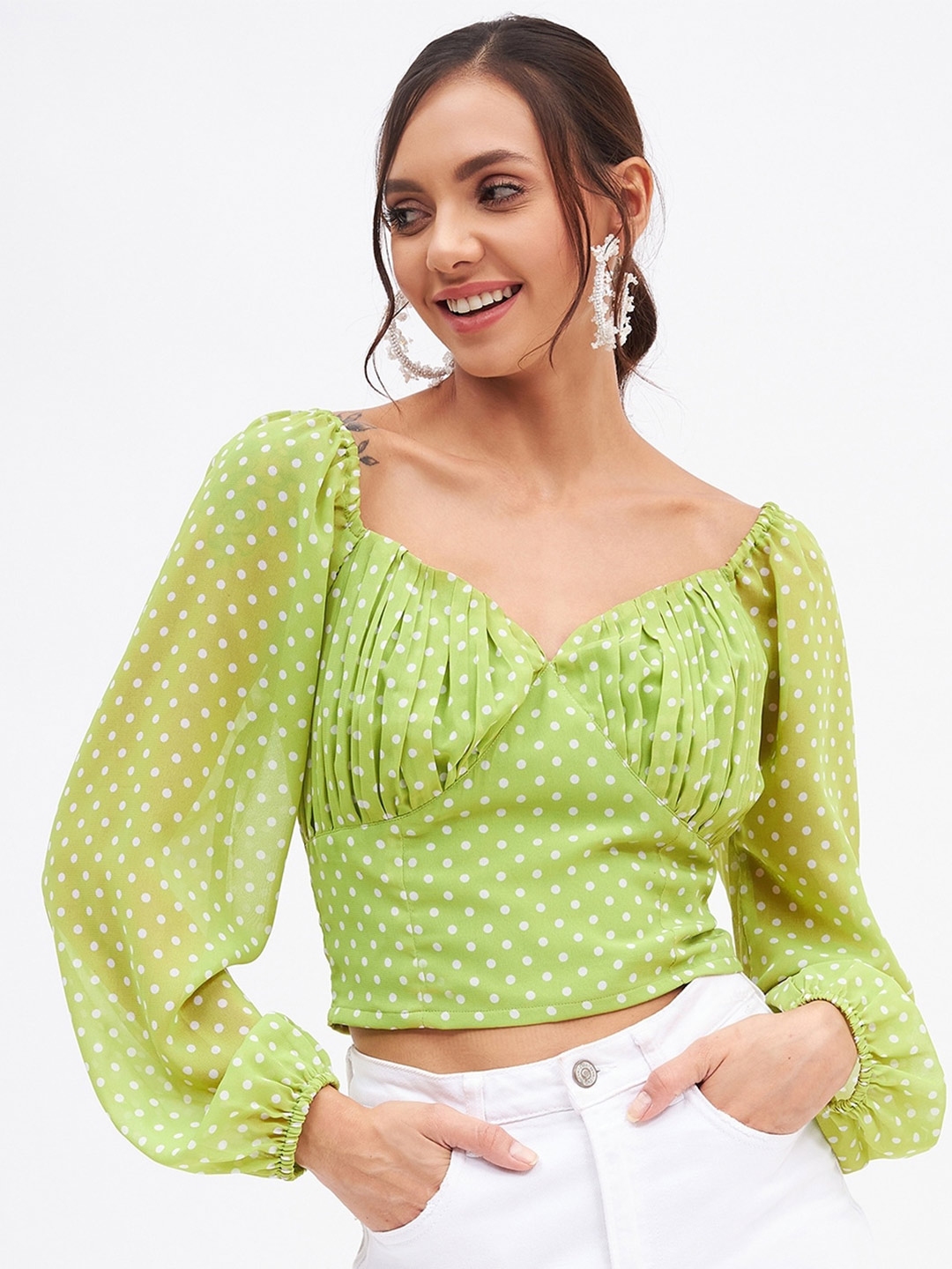 Buy Kibo Printed Sweetheart Neck Georgette Crop Top Tops For Women