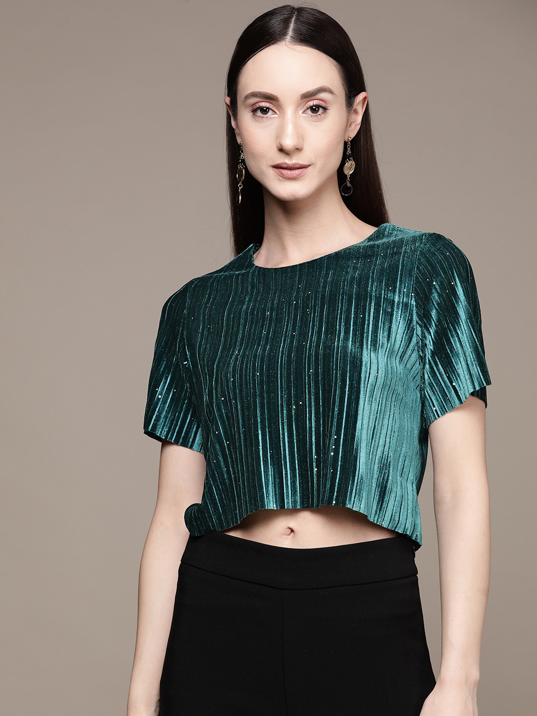 Buy Label Ritu Kumar Accordion Pleated Velvet Crop Top - Tops for Women ...
