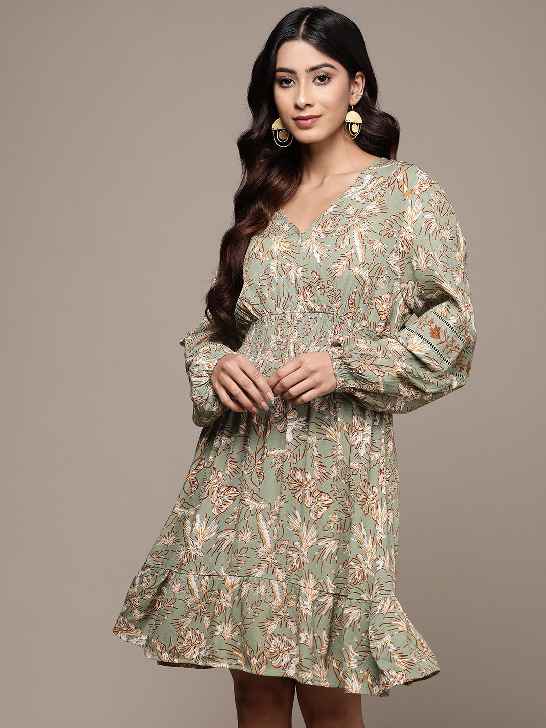 Buy Label Ritu Kumar Sea Green Floral Crepe Dress - Dresses for Women ...