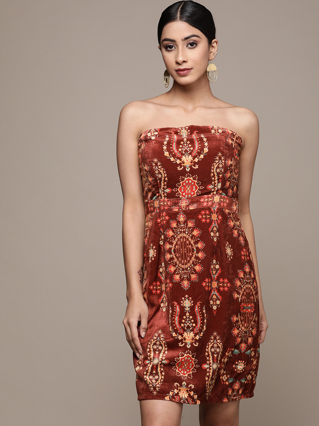 Buy Label Ritu Kumar Burgundy Ethnic Motifs Velvet Bodycon Dress ...