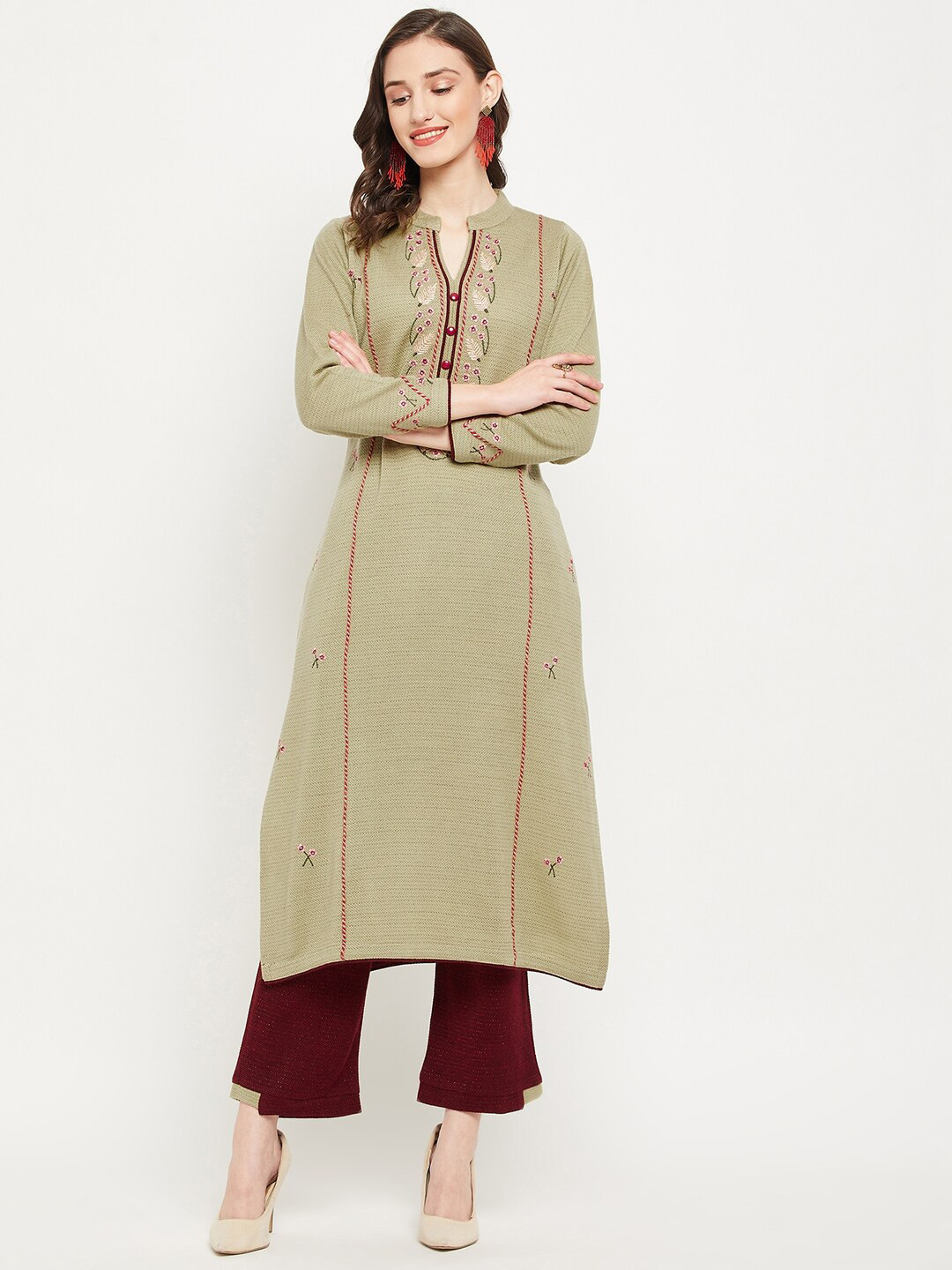 Buy Zigo Winter Wear Floral Embroidered Band Collar Kurta With Trousers ...