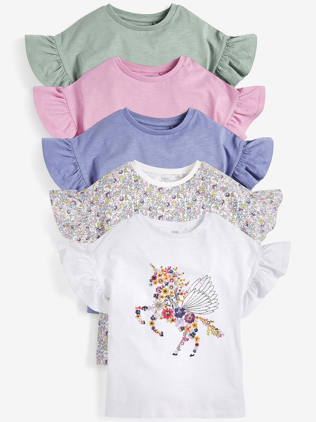 Buy NEXT Girls Pack Of 5 Pure Cotton Flutter Sleeves Tops - Tops for ...
