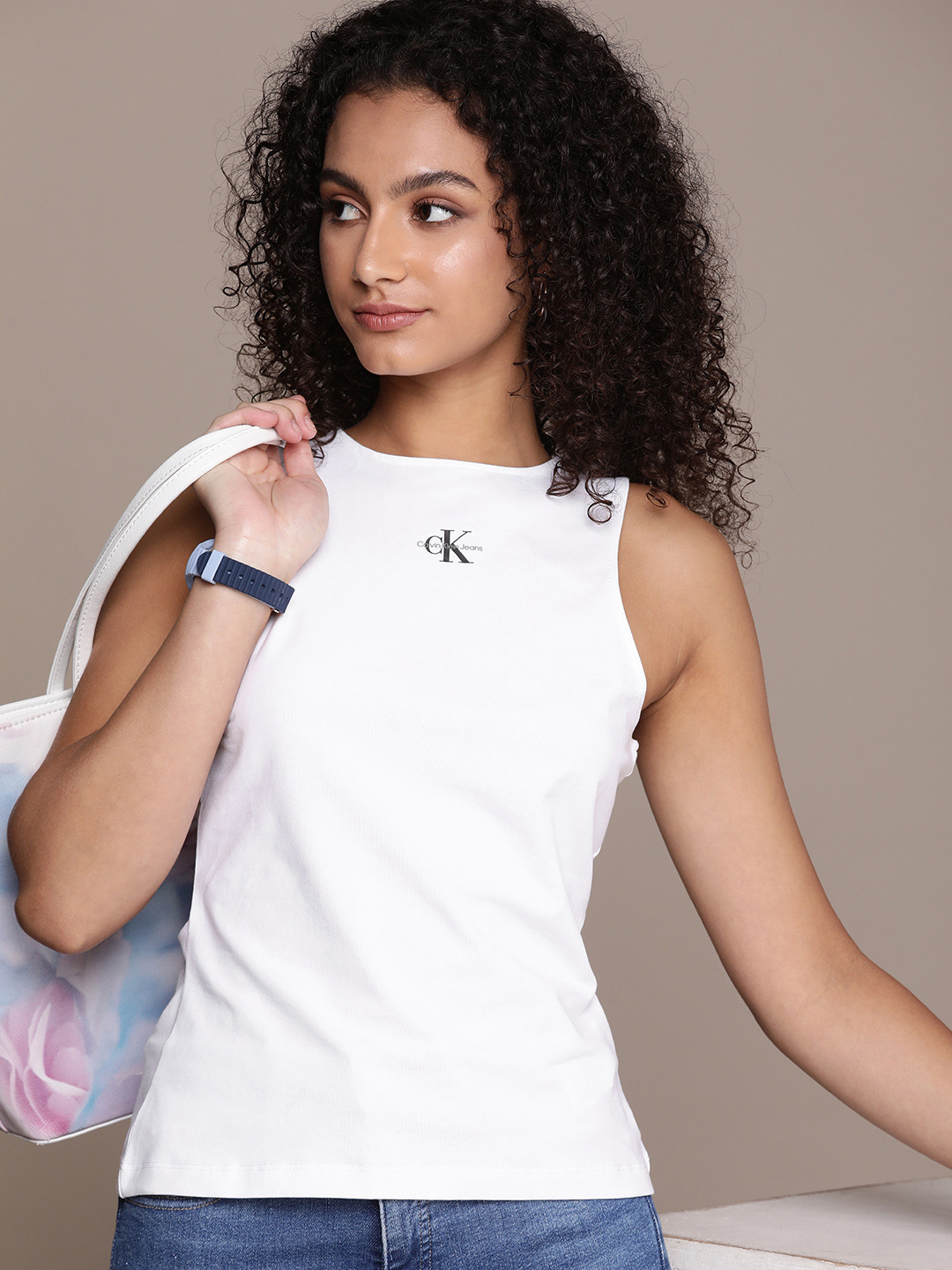 Buy Calvin Klein Jeans Solid With Brand Logo Detail Racer Back Tank Top ...