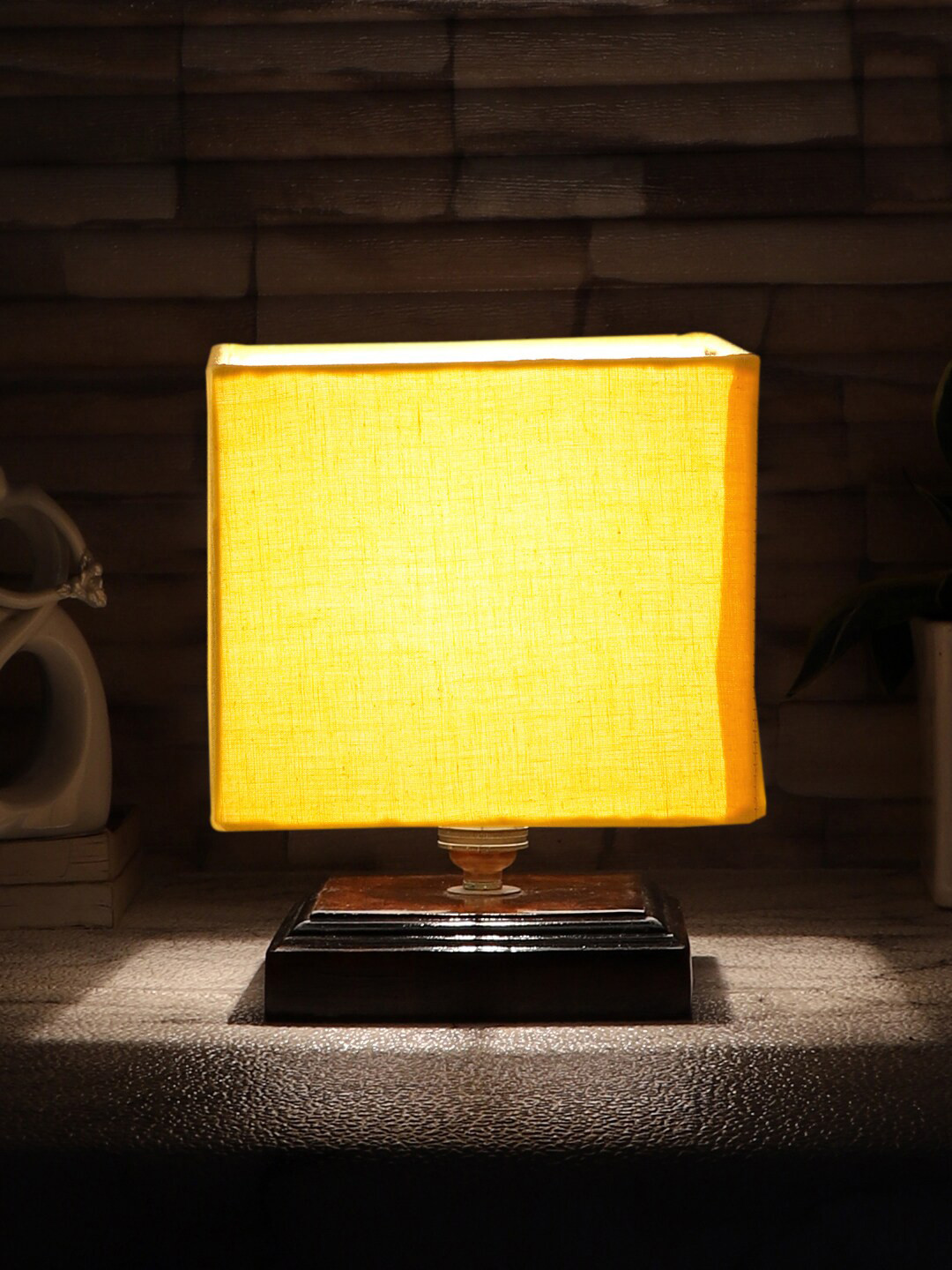 Buy Devansh Yellow Cuboid Table Lamp With Brown Wood Square Base ...