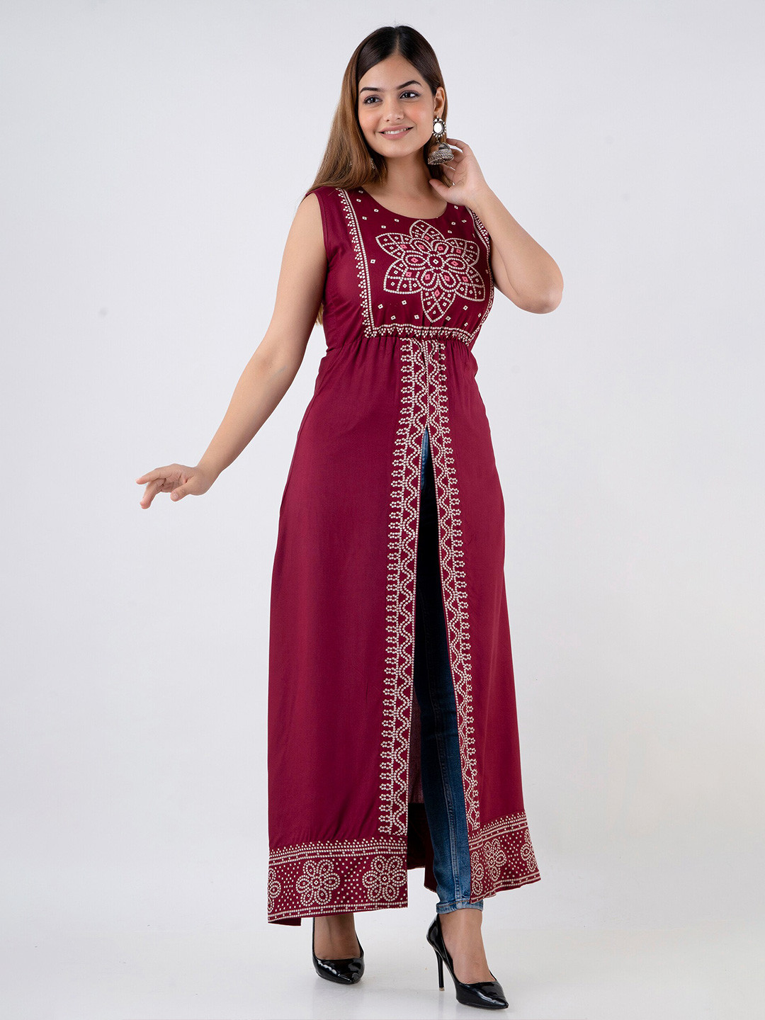 Buy DRESSAR Women Ethnic Motifs Printed Front Slit A Line Kurta ...
