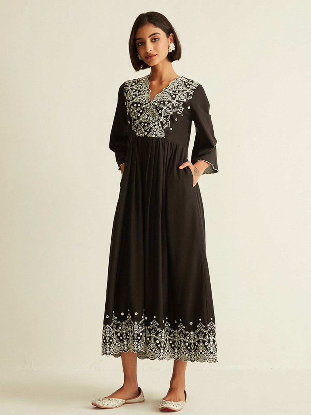 Buy Ancestry Floral Embroidered Mirror Work Ethnic A Line Maxi Dress ...