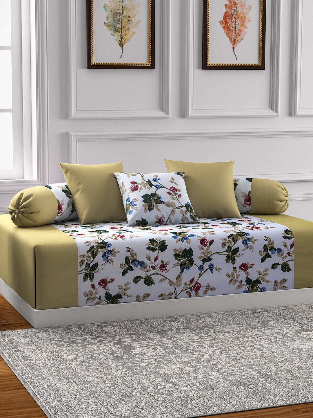 Buy SWAYAM Green & Off White Printed Diwan Set With Bolster & Cushion ...