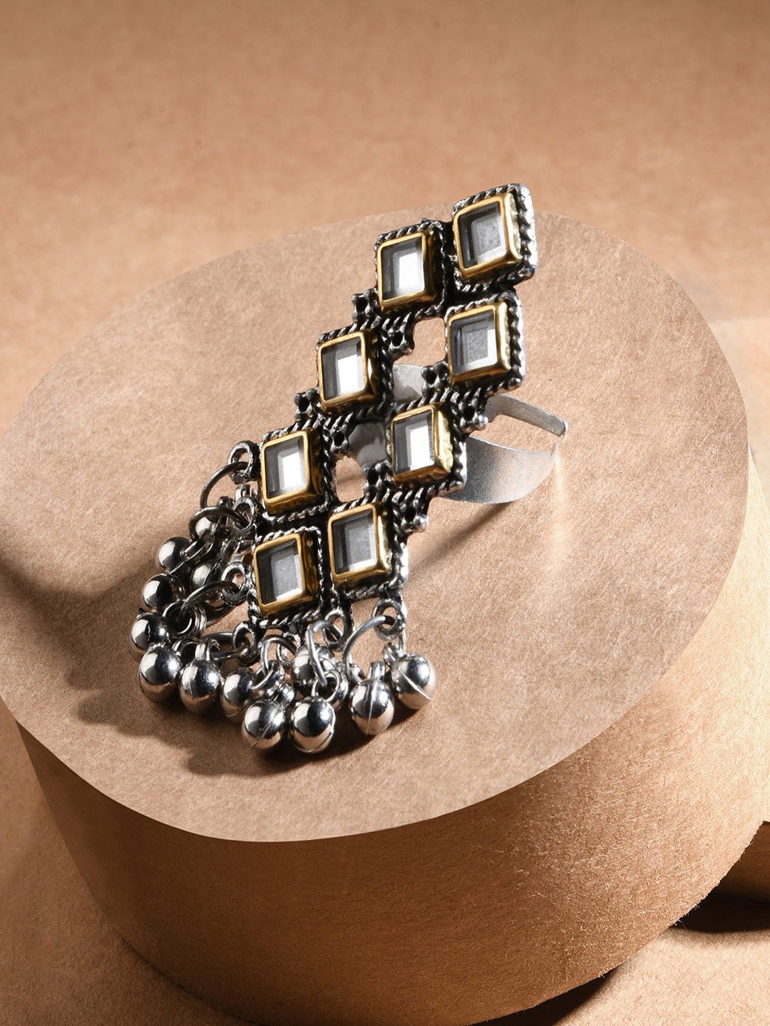Buy Fida Oxidized Silver Plated Mirror Studded Adjustable Finger Ring ...