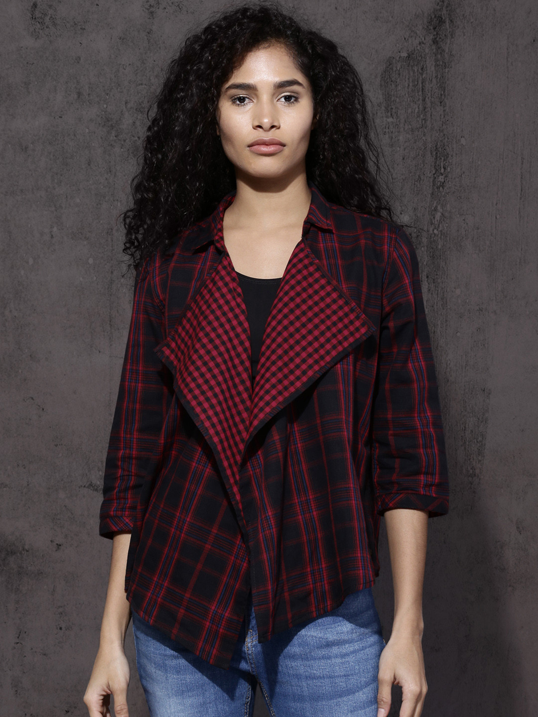 Buy Roadster Red & Black Checked Open Front Shrug - Shrug for Women ...