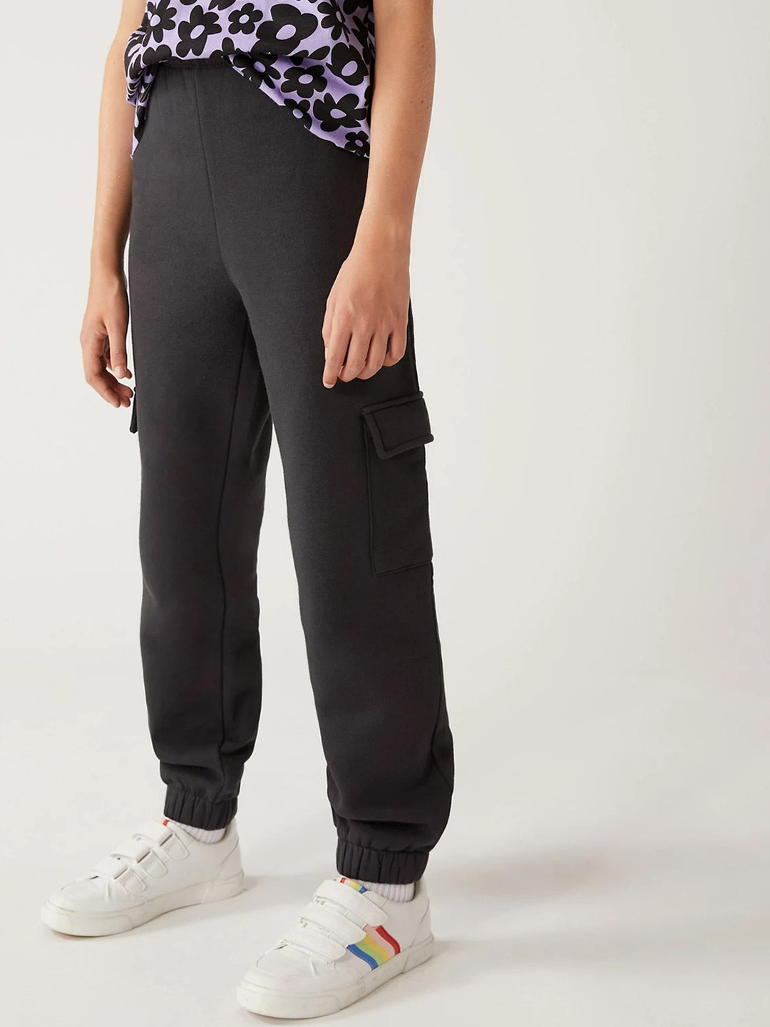 Buy Marks & Spencer Girls Cotton Solid High Rise Joggers Trousers ...
