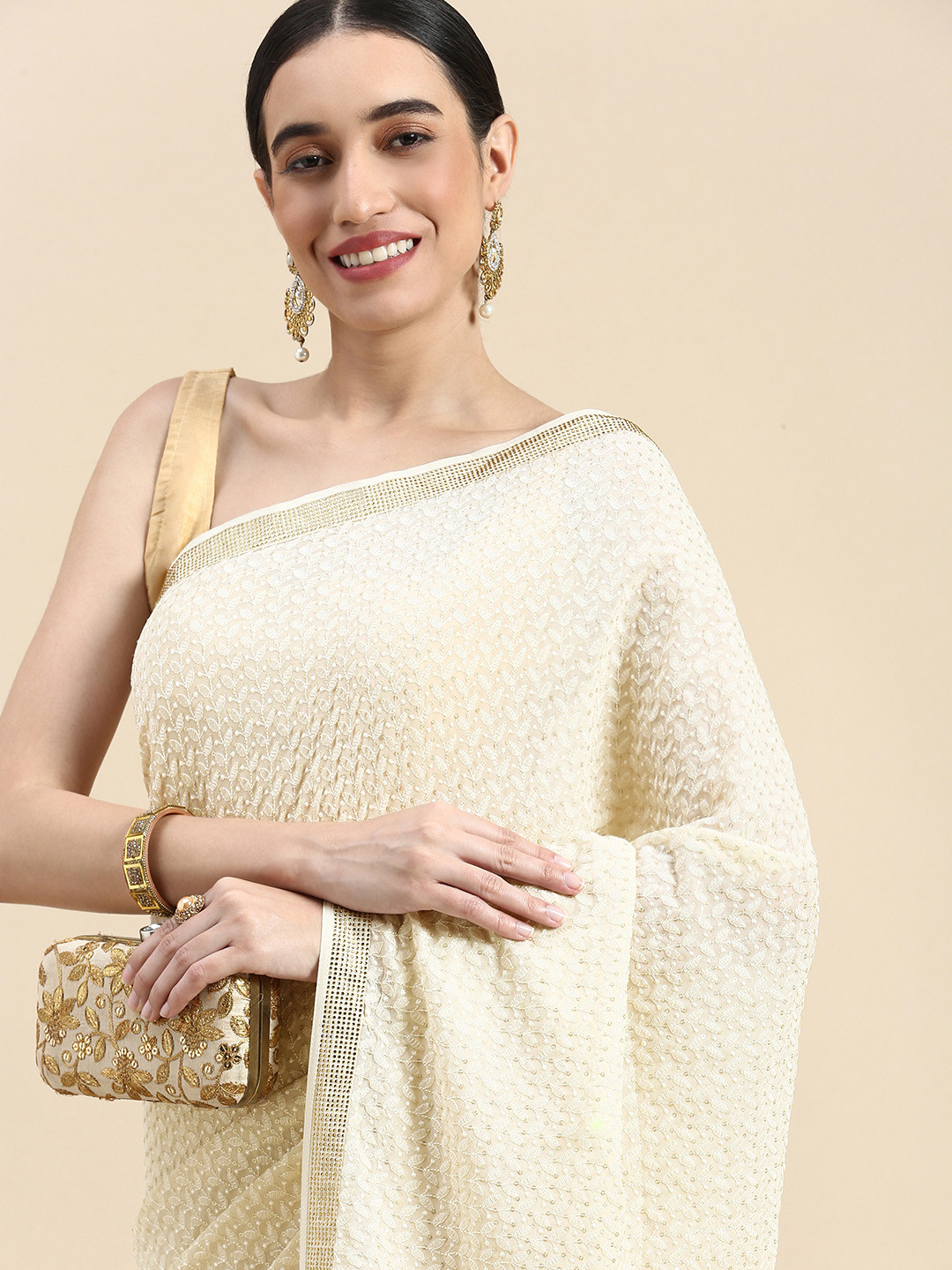 Buy MOHEY Floral Beads And Stones Pure Georgette Saree - Sarees for ...