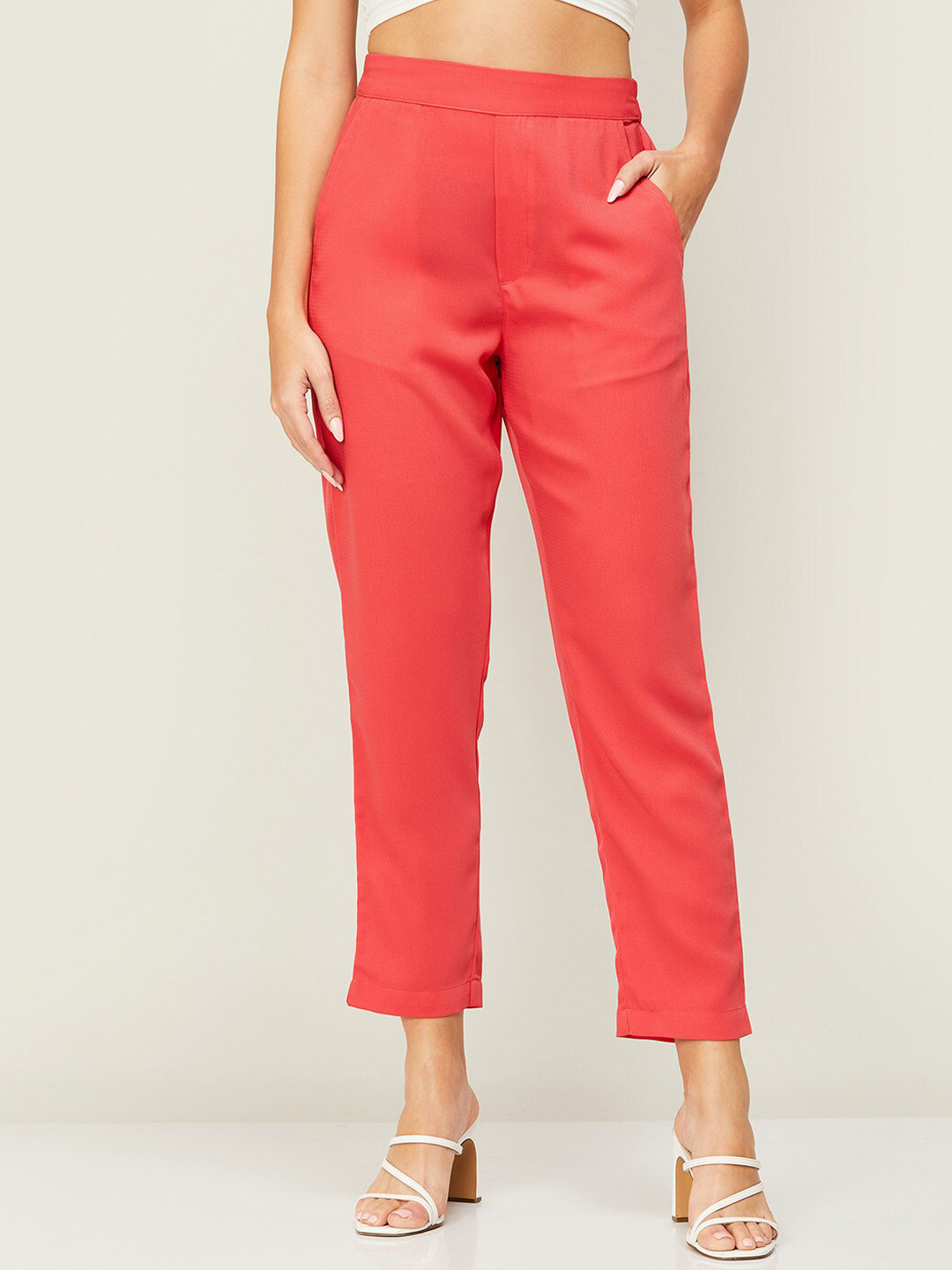 Buy CODE By Lifestyle Women Peach Coloured Tapered Fit Trousers ...