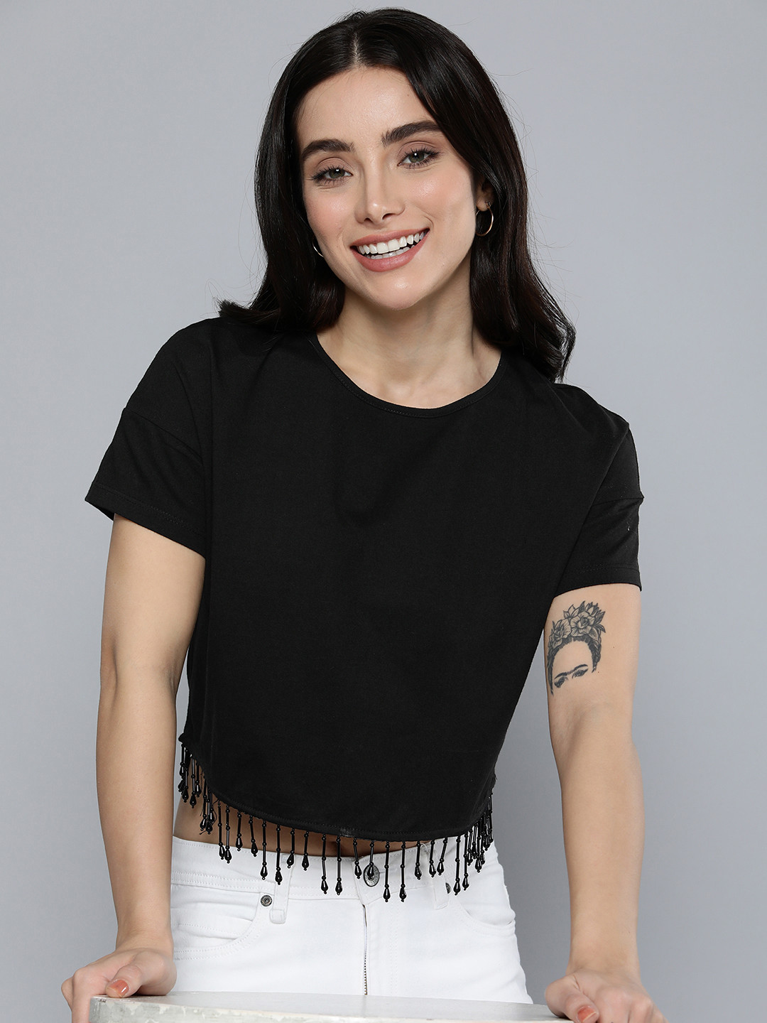 Buy Mast & Harbour Solid Extended Sleeves Beads Embellished Knitted ...