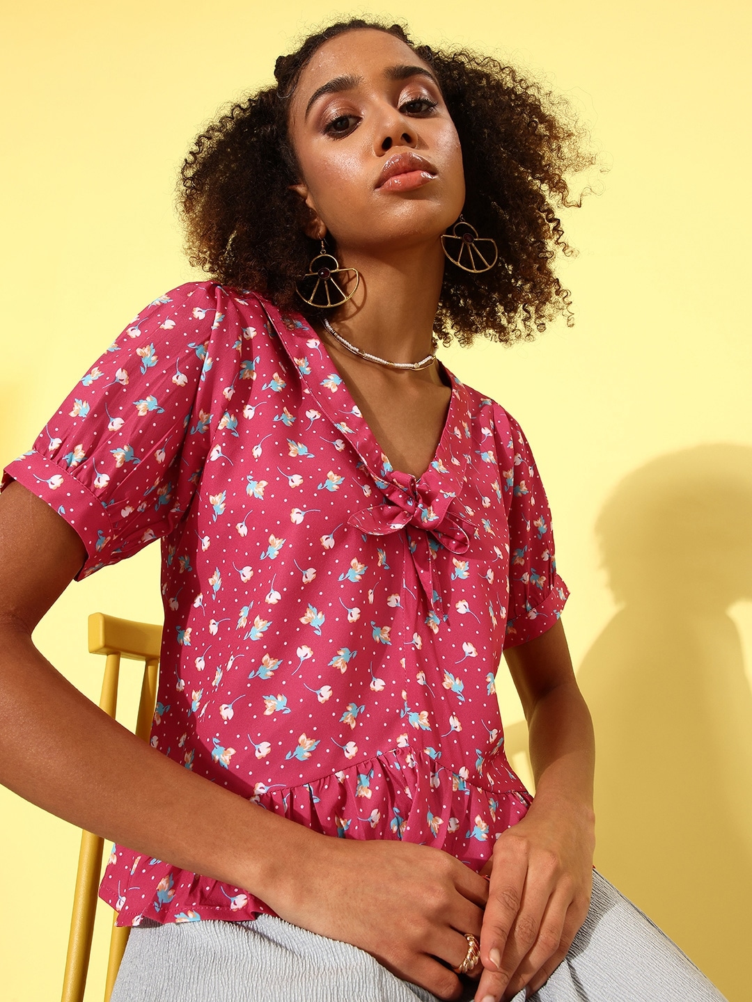 Buy Mast And Harbour Floral Print Tie Up Neck Puff Sleeves Ruffles Top