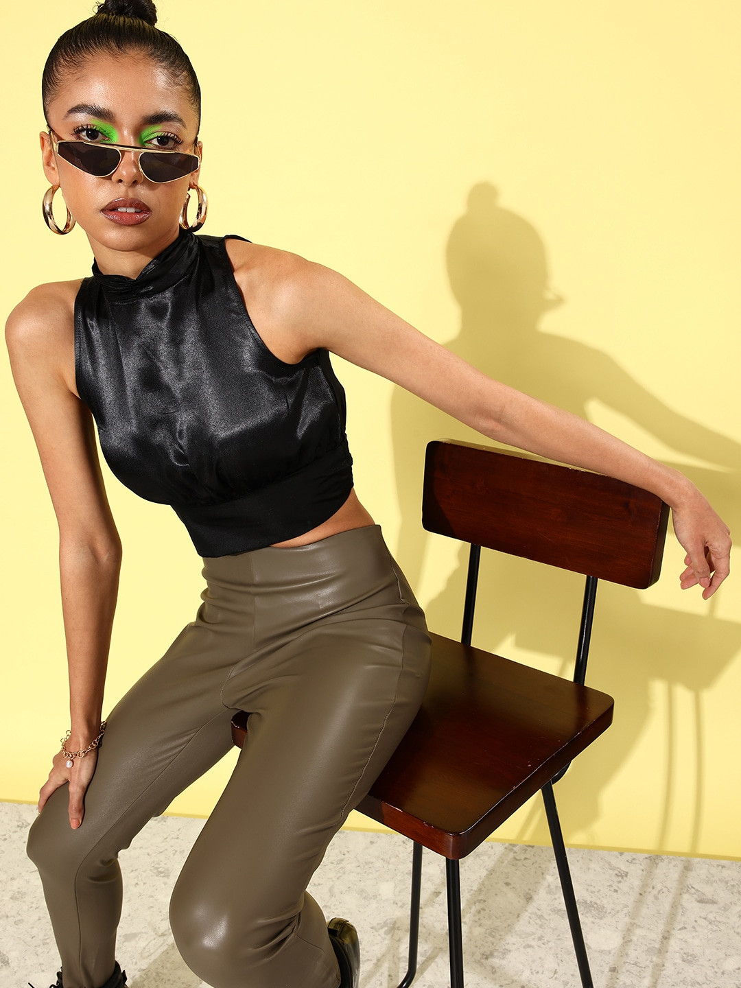 Buy Mast & Harbour Jet Black Solid Satin Smocked Detail 90's Hollaback ...