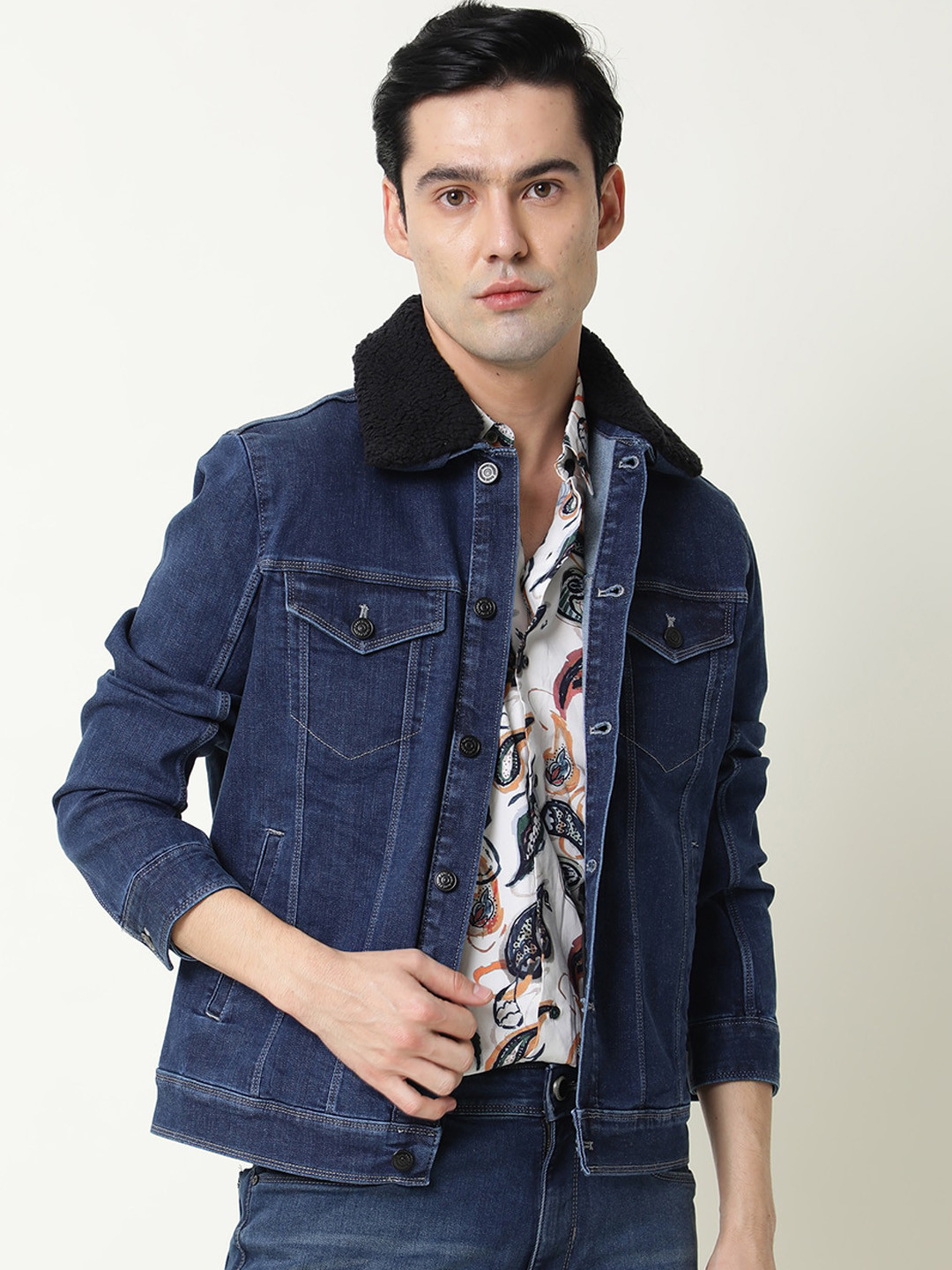 Buy RARE RABBIT Men Rubix Tailored Fit Washed Crop Denim Jacket ...